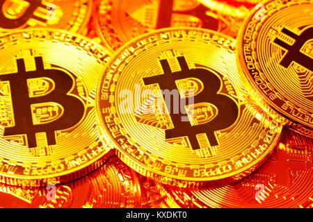 Golden coins with bitcoin symbol close up. Bitcoin and cryptocurrency ...