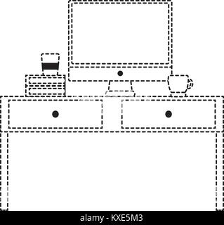 dotted shape wood desk with drawers and computer screen Stock Vector ...