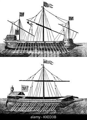 The Venetian Empire rowing a war galley, a flag bears the arms of ...