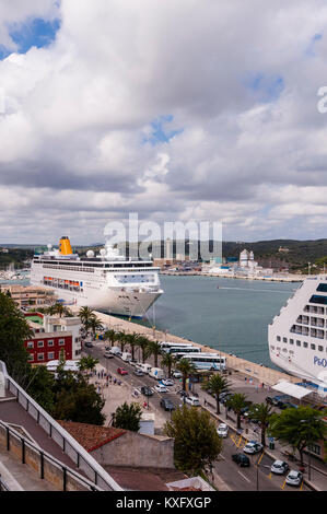Cruise ships at the port at Mahon , Menorca , Balearic Islands , Spain ...