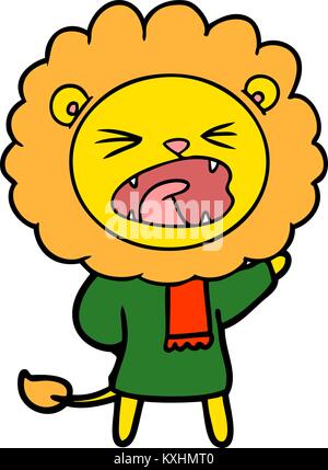 Cartoon lion in winter clothes near the Christmas tree. New Year's and ...