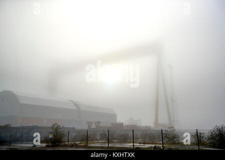 Thick fog covers Belfast's Harland and Wolff cranes Stock Photo - Alamy