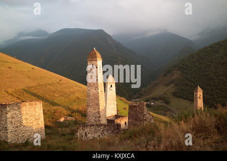 Golden sunset in Chechen/Ingush mountains, Erzi medieval architecture ...