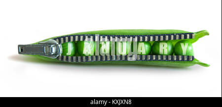 Snap peas labeled with healthy inside a pod with zipper over a white ...