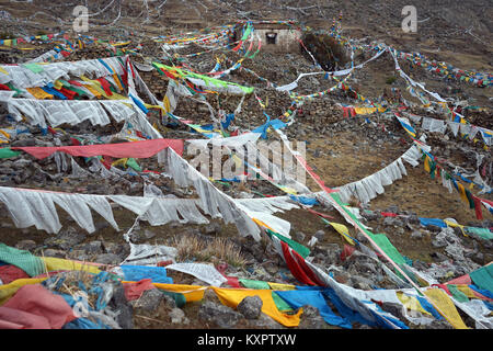 Ruins of old monastery with flags near Lhasa in Tibet, China Stock ...