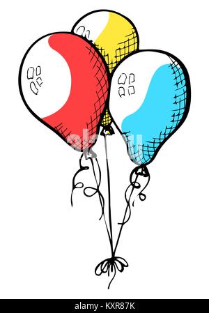 Three balloons on a string. Hand drawn, isolated on a white background ...