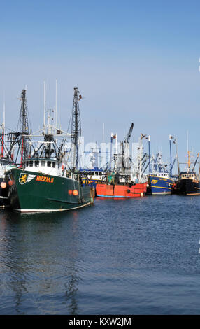 Fishing trawlers rafted along side each other at wharf in New Bedford ...