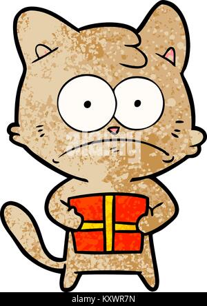 Cartoon illustration of cat character with present on Christmas time ...