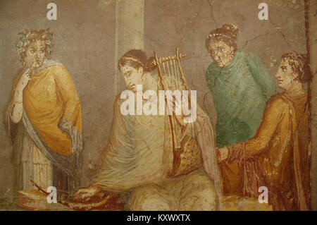 Woman, young, sitting, sofa, harp and kithara, fresco Pompeii, 2008 ...
