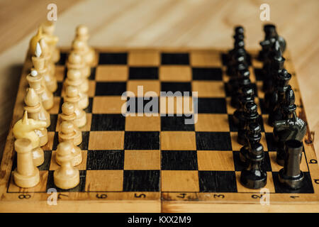 High angle view of chess board with chees pieces set for new game ...
