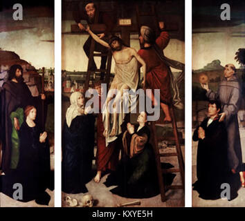 This triptych, depicting the Descent from the Cross, features Saint ...