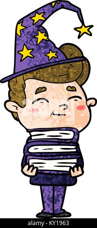 happy cartoon wizard with stack of new books Stock Vector Image & Art ...