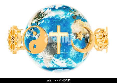 Globe with religions symbols isolated on white background Stock Photo ...