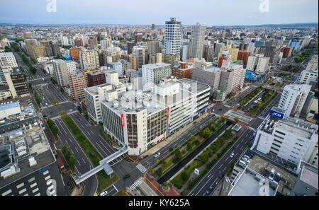 Sapporo, Japan - Oct 1, 2017. Aerial view of Odori Park at sunset in ...