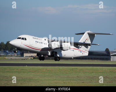 The image shows an EI-RJY Cityjet Avro RJ85 aircraft taking off from ...