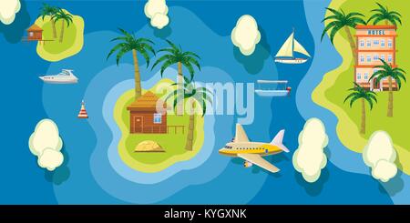 Top view of a cartoon sea beach. Bright sandy beach. Sea tide, sea ...
