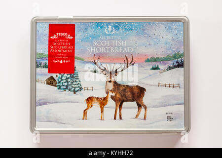 Tin of Tesco all butter Scottish Shortbread Assortment with lid off to ...