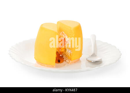 Plate with pieces of tasty mango pie on color background Stock Photo ...