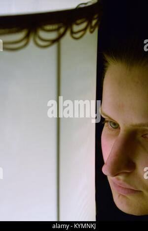 Photo of nice young lady thinking wear yellow shirt trousers isolated ...