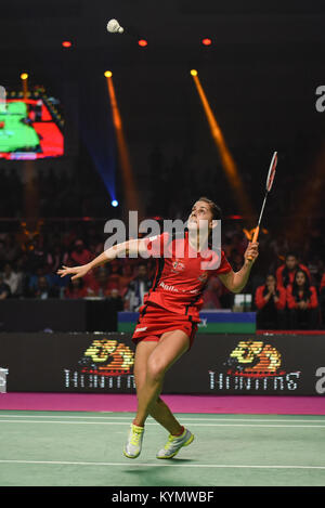 Hyderabad, India. 14th Jan, 2018. Kirsty Gilmour in action against Carolina Marin during PBL ...