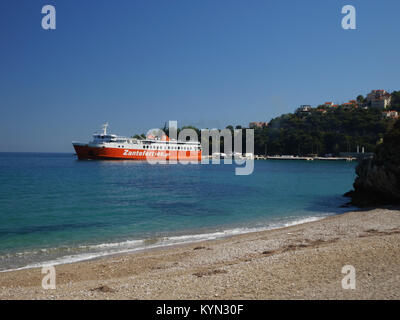 A ferry "Andreas Kalvos" from Kyllini docks at Poros, Kefalonia, Greece ...