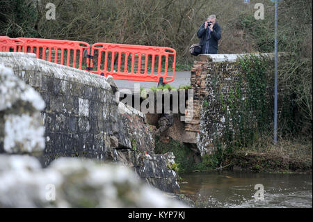 Historic Wool Bridge collapses, Dorset, UK. Wool Bridge, a 16th century ...