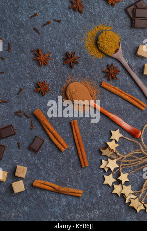 Selection of sugar, chocolate, spices, cocoa. Ingredients for cooking ...