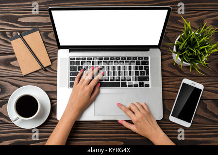 Office desktop with modern laptop and accessories. Top view Stock Photo ...