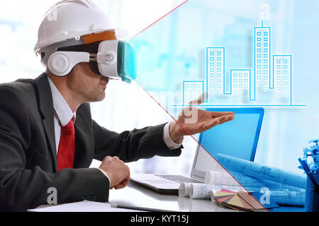 Architect in VR glasses working in augmented reality. Man wearing ...