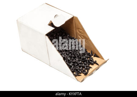 group of black screws for fixing drywall on metal profiles, in a paper ...
