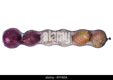 Onion in net for storage. Studio photo Stock Photo - Alamy
