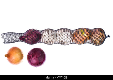 Onion in net for storage. Studio photo Stock Photo - Alamy