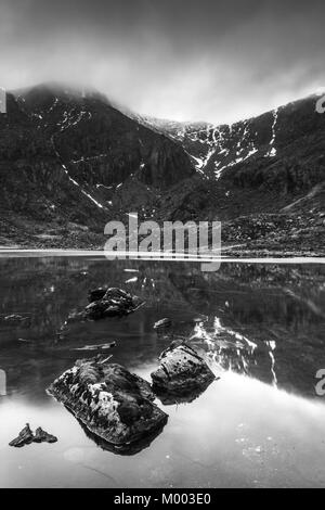 Ffynnon Lloer in Cwm Lloer, with snow on Pen yr Ole wen during winter ...
