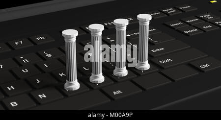 Four classical pillars on a computer, blur office background. 3d ...