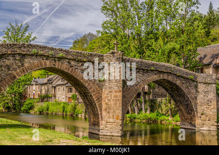 Belcastel village, castle and medieval bridge over Aveyron river, one ...