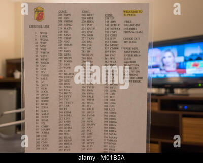 A typical printed TV channel list provided in an American hotel or ...