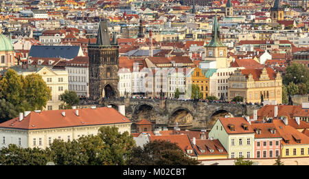 A view of Old Town Prague and the Charles Bridge across the Vltava ...