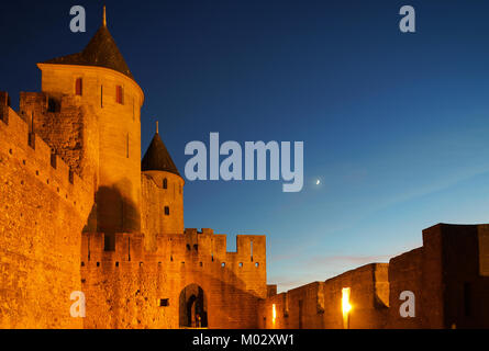 Carcassonne medieval fortress highlighted night view with moon in blue ...