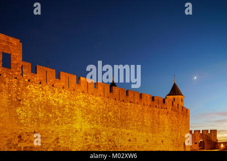 Carcassonne medieval fortress highlighted night view with moon in blue ...