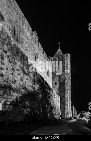 Carcassonne medieval fortress highlighted night view with moon in blue ...