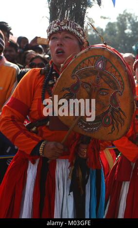 Kathmandu, Nepal. 18th Jan, 2018. A woman from Tamang community wears ...