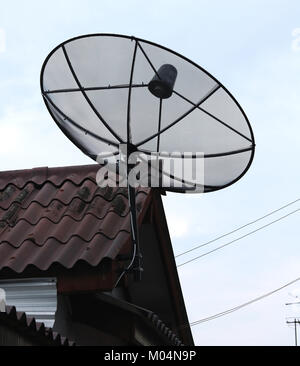 Old fashioned Sky satellite dish mounted outside of an apartment block ...