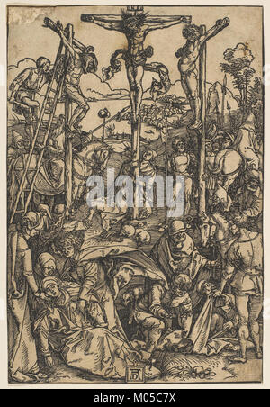 The artwork 'Calvary with the Three Crosses' depicts the biblical scene ...