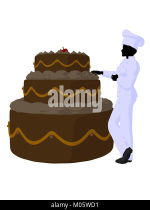 African american chef with a large cake silhouette on a white ...