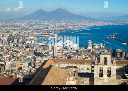 View over port and Mount Vesuvius from gardens of the Certosa di San ...