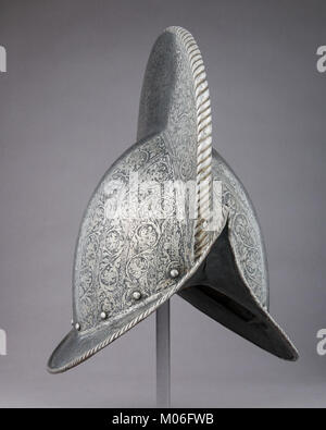 The 16th-17th century Spanish morion helmet features a crest and wide ...