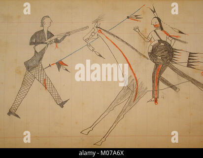 This ledger drawing depicts historical scenes and figures, showing the ...