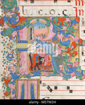 This manuscript leaf, featuring a funeral procession in an initial R ...