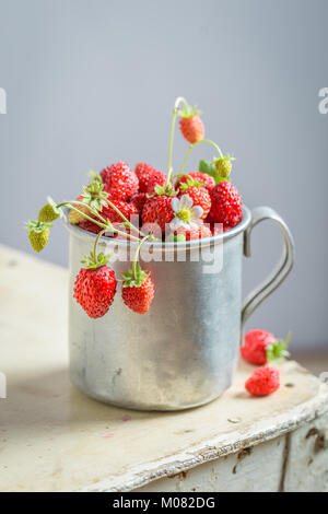 Fresh strawberries in an old metal vase. Natural pastille rolled into a ...