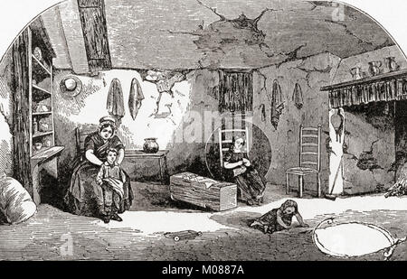 Poor family at home. Early nineteenth century. Engraving Stock Photo ...